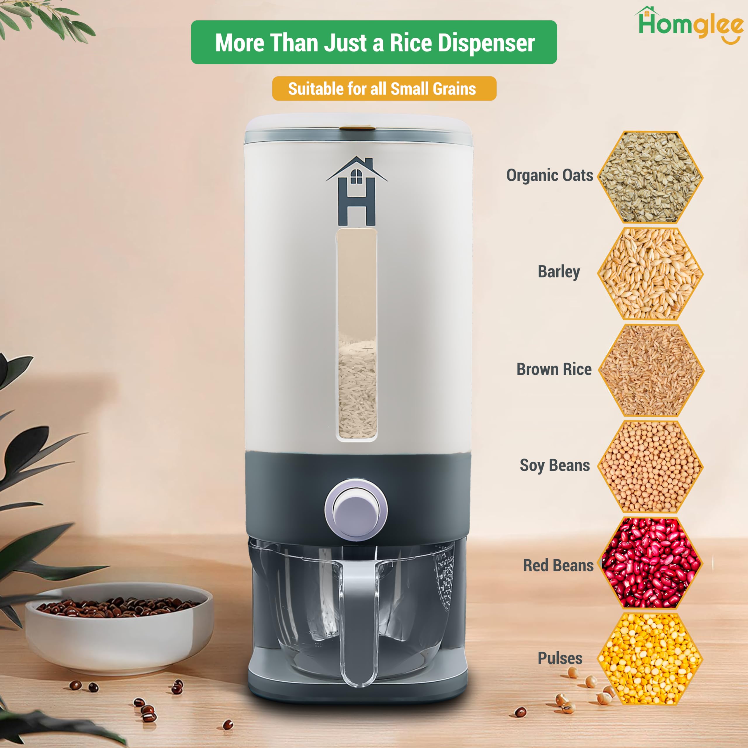 Homglee Rice Dispenser 25 Lbs – Moisture Proof Rice Container with Measuring Cup for Kitchen Pantry – Ideal Rice Storage Container with Lids & Built-in Box for Grains Cereals Soybean Corn – Grey
