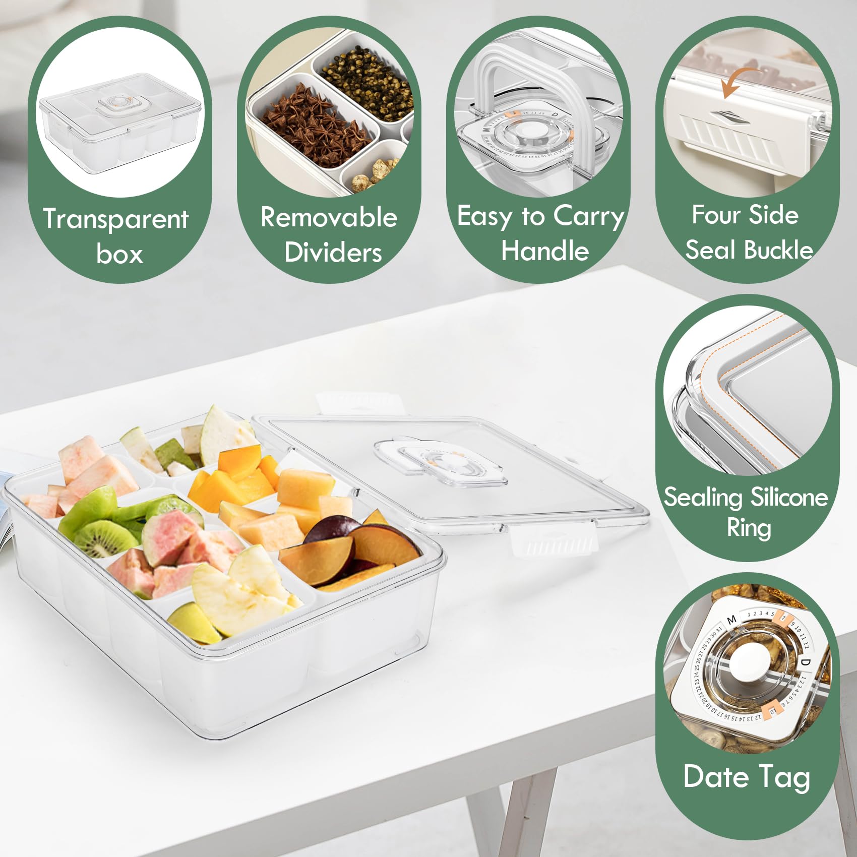 EsOfficce Divided Serving Tray with Lid, Handle Snackle Box with Date, 4 Compartments Charcuterie Container for Veggies, Snack, Fruit, Nuts, Candy, Cracker, Chip,for Party, Entertaining, Picnic