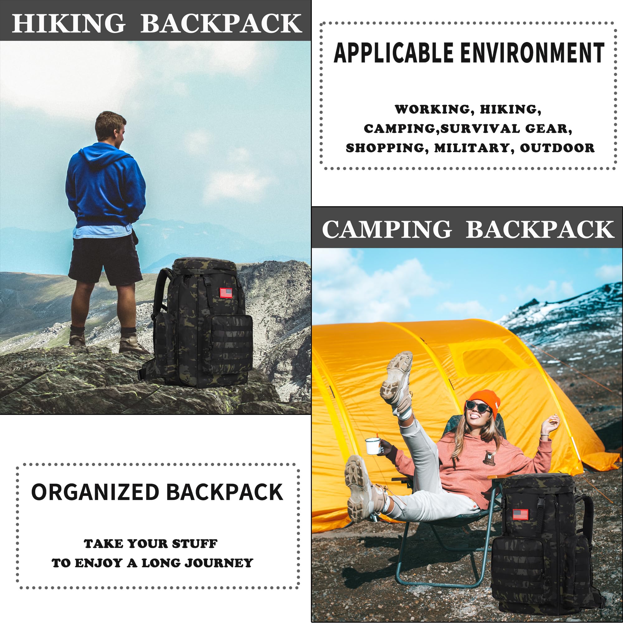 4land Large Backpacking Backpack for Men, Extra Large Camping Hiking Backpack, Oversized Molle Rucksack Backpack, 60L/70L/85L Waterproof Military Backpack for Outdoor Sports