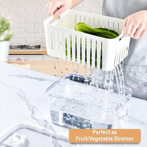 Rhewatin 3pc Fruit Storage Containers for Fridge with Time Keeper, Partitioned Vegetable Storage Containers for Refrigerator with Removable Colander and Divider, Airtight Lettuce Keeper, White