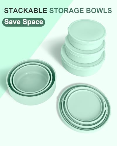 DGitaor Silicone Food Storage Containers Bowl, Set of 3 Reusable Silicone Bento Lunch Box Containers with Lids (17oz, 25oz, 42oz) Dishwasher, Microwave and Freezer Safe Mint Green
