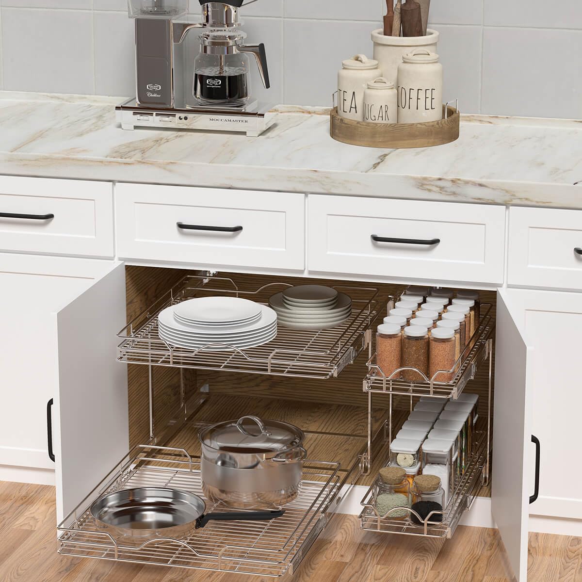 OCG 2 Tier Pull Out Cabinet Organizer (12.5" W x 21" D), Pull Out Drawers for Kitchen Cabinets, Pull Out Shelves for Base Cabinet Organization in Kitchen Bathroom Pantry, Chrome Finish