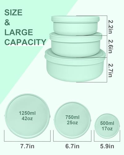DGitaor Silicone Food Storage Containers Bowl, Set of 3 Reusable Silicone Bento Lunch Box Containers with Lids (17oz, 25oz, 42oz) Dishwasher, Microwave and Freezer Safe Mint Green