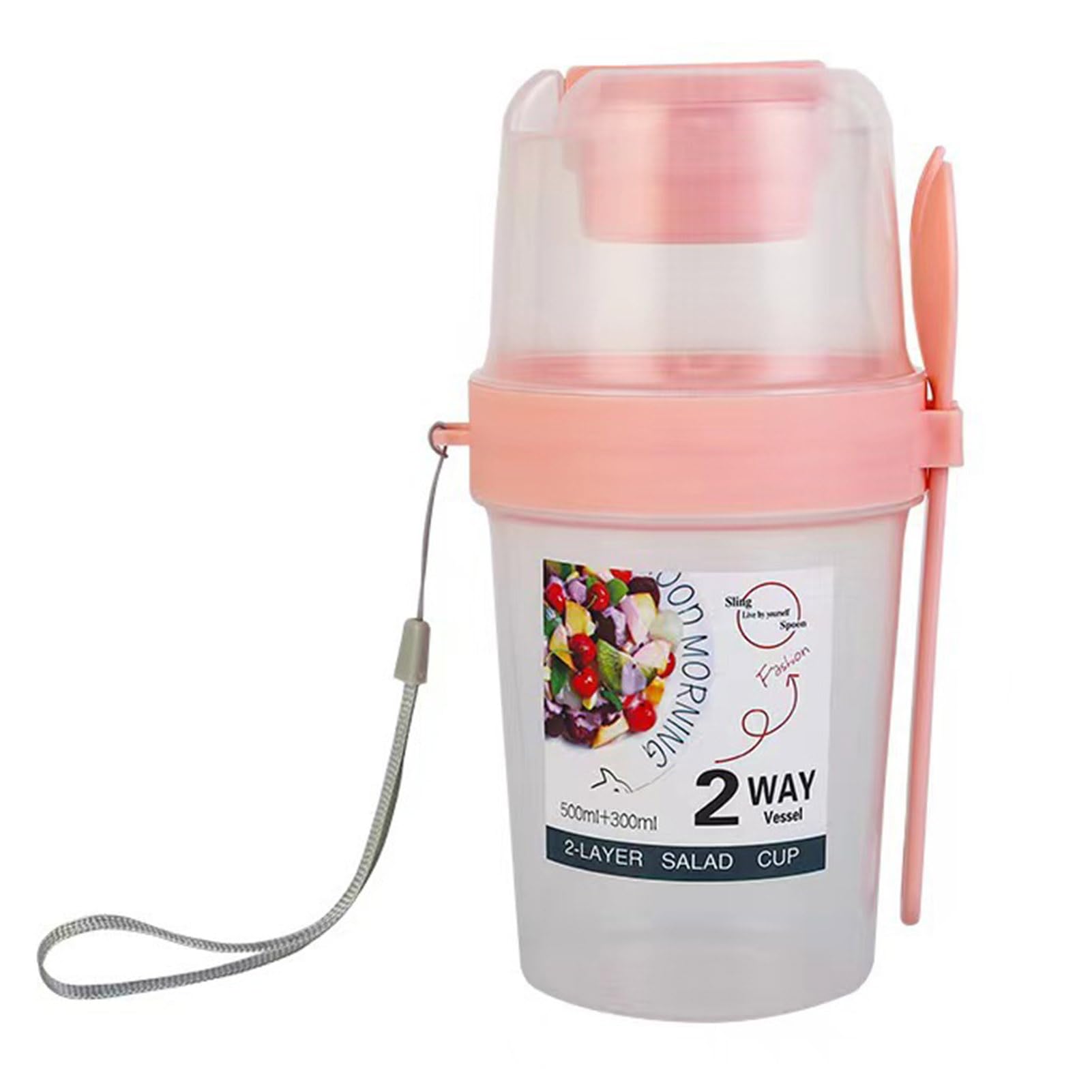 jyibinee Cereal Breakfast Cup Food Preservation Box Salad Transparent Portable Separated Two Compartments Oatmeal Nut Yogurt Container with Fork School Lunch Pink