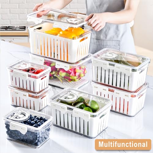 Rhewatin 3pc Fruit Storage Containers for Fridge with Time Keeper, Partitioned Vegetable Storage Containers for Refrigerator with Removable Colander and Divider, Airtight Lettuce Keeper, White