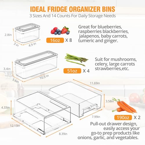 BOICHU Refrigerator Organizers and Storage - 14 Pack Clear Fridge Organizer Bins with Lids and Pull Out Drawers, 3 Size Stackable Fruit Storage Containers for Fridge, Keep Fruit and Vegetable Fresh