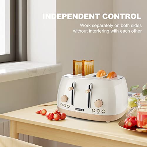 Anfilank Toaster 4 Slice,Retro Stainless Steel Toaster with Extra Wide Slots Cancel, Bagel, Defrost Function, Dual Independent Control Panel, Removable Crumb Tray, 6 Shade Settings and High Lift Lever, Cream, Large Size