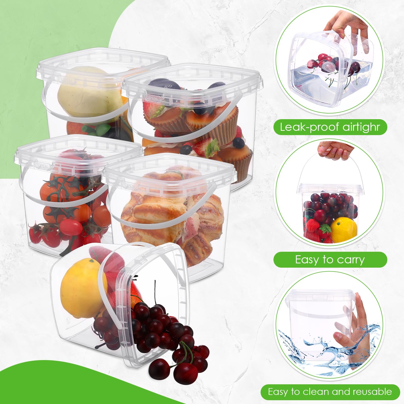 Menkxi 15 Pcs 68 oz Plastic Deli Containers with Lids and Handles Square Clear Food Storage Containers Reusable Freezer Containers for Food Storage and Meal Prep, Freezer and Microwave Safe