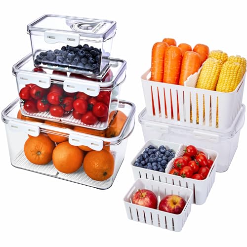 Rhewatin 3pc Fruit Storage Containers for Fridge with Time Keeper, Partitioned Vegetable Storage Containers for Refrigerator with Removable Colander and Divider, Airtight Lettuce Keeper, White