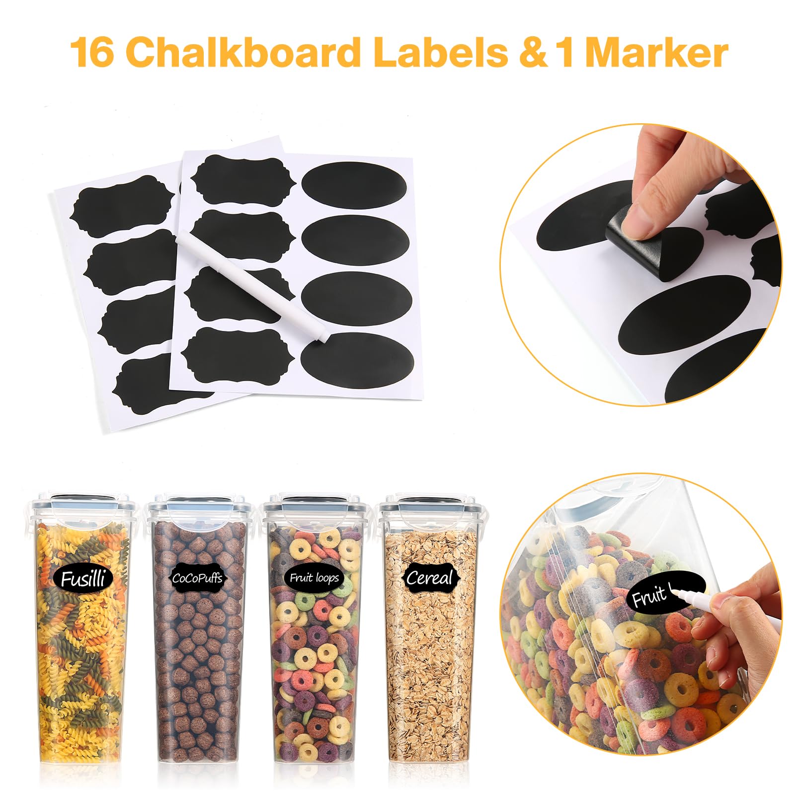 YASHE Cereal Storage Containers Set 6PCS (3.7L/125oz), Airtight Plastic Food Containers with Lids, BPA Free Food Storage Containers for Kitchen Pantry Organization, with 16 Labels & 1 Marker
