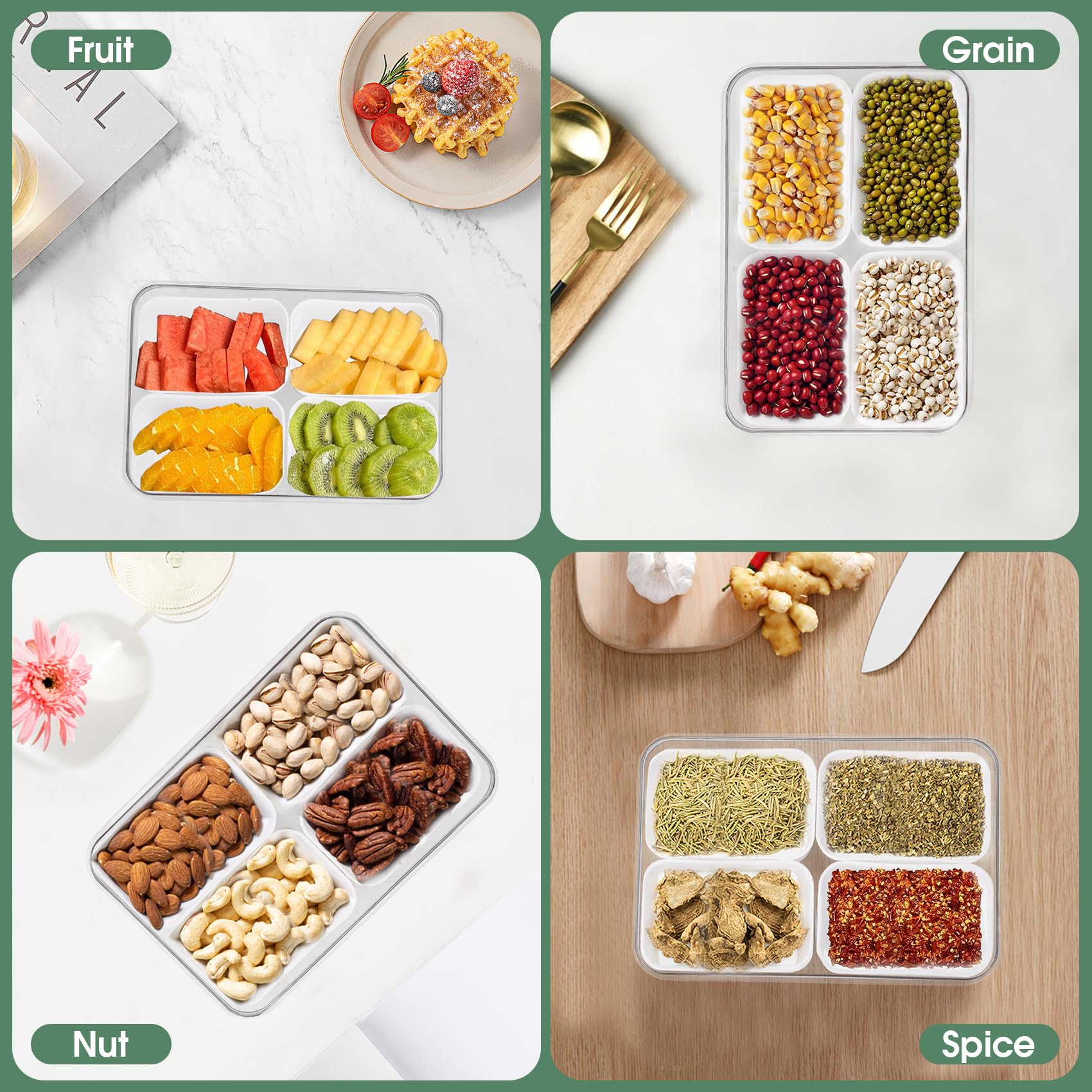 EsOfficce Divided Serving Tray with Lid, Handle Snackle Box with Date, 4 Compartments Charcuterie Container for Veggies, Snack, Fruit, Nuts, Candy, Cracker, Chip,for Party, Entertaining, Picnic