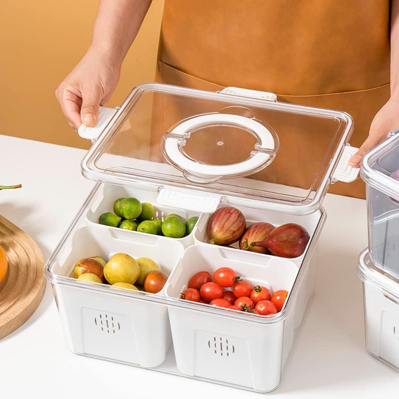ZEENING Fruit Storage Containers for Fridge, 4 Compartments Refrigerator Organizer with Lid & Handle for Fruit Vegetable Fresh Produce Salad Bar & Berry, BPA-Free Food Storage Bins, Cream