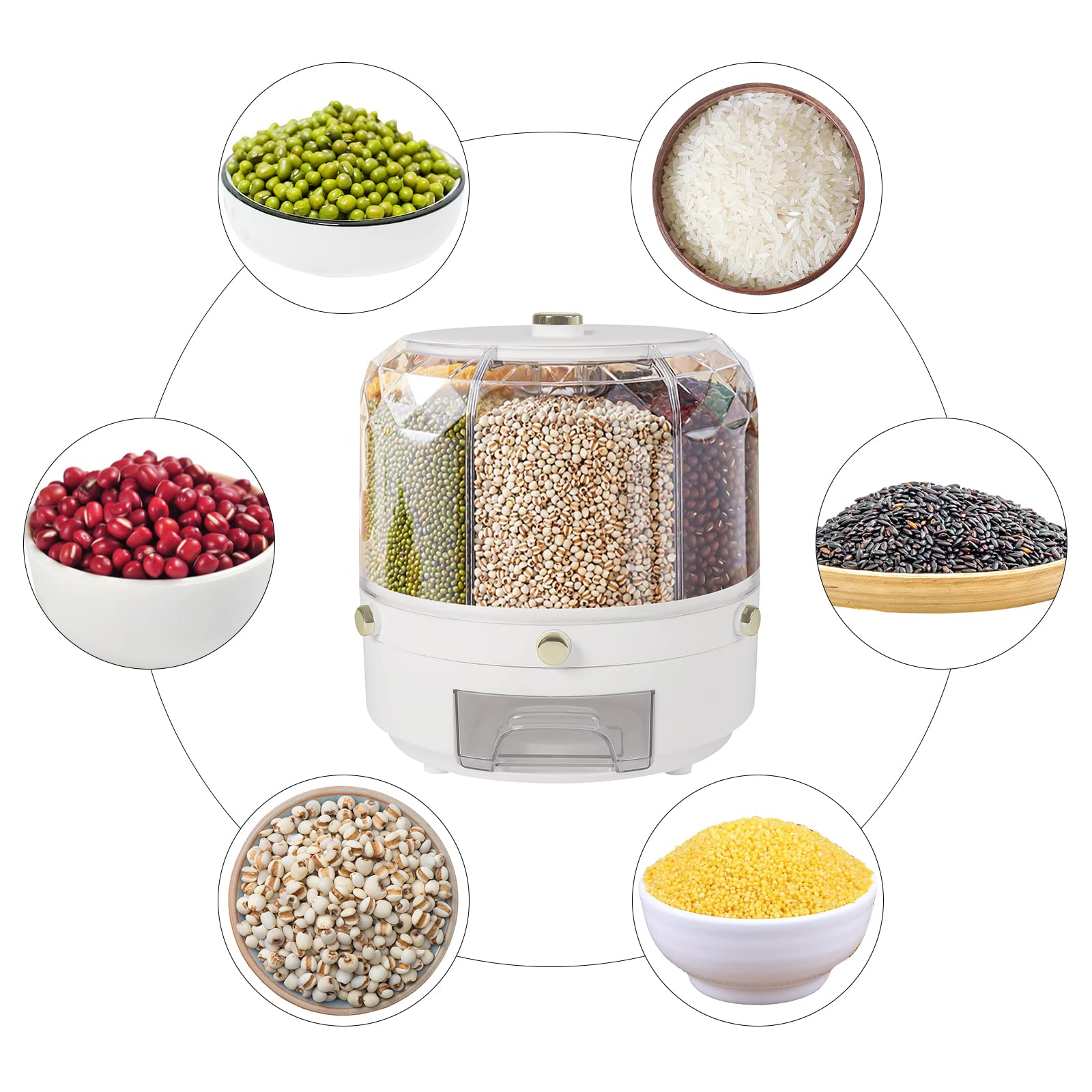 CHALIGHT 6 Grids Rice & Grain Storage Container Rice Dispenser 360° Rotating Food Dispenser Grain Dispenser One-Button Pressing Storage Bucket for Grains Snacks Candy Coffee Beans Dog