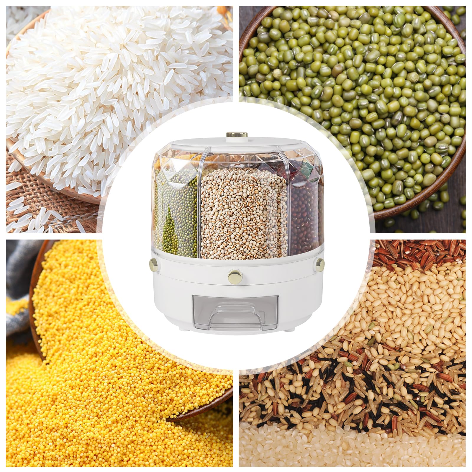 CHALIGHT 6 Grids Rice & Grain Storage Container Rice Dispenser 360° Rotating Food Dispenser Grain Dispenser One-Button Pressing Storage Bucket for Grains Snacks Candy Coffee Beans Dog