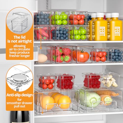 BOICHU Refrigerator Organizers and Storage - 14 Pack Clear Fridge Organizer Bins with Lids and Pull Out Drawers, 3 Size Stackable Fruit Storage Containers for Fridge, Keep Fruit and Vegetable Fresh