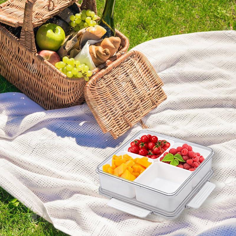 2Pack Veggie Tray with Lid for Fridge, Snackle Box Container for Party, 4 Compartment Divided Serving Trays, Food Storage Containers with Lids for Refrigerator