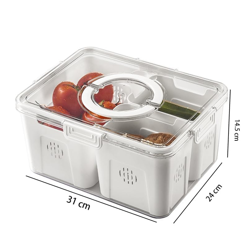 ZEENING Fruit Storage Containers for Fridge, 4 Compartments Refrigerator Organizer with Lid & Handle for Fruit Vegetable Fresh Produce Salad Bar & Berry, BPA-Free Food Storage Bins, Cream