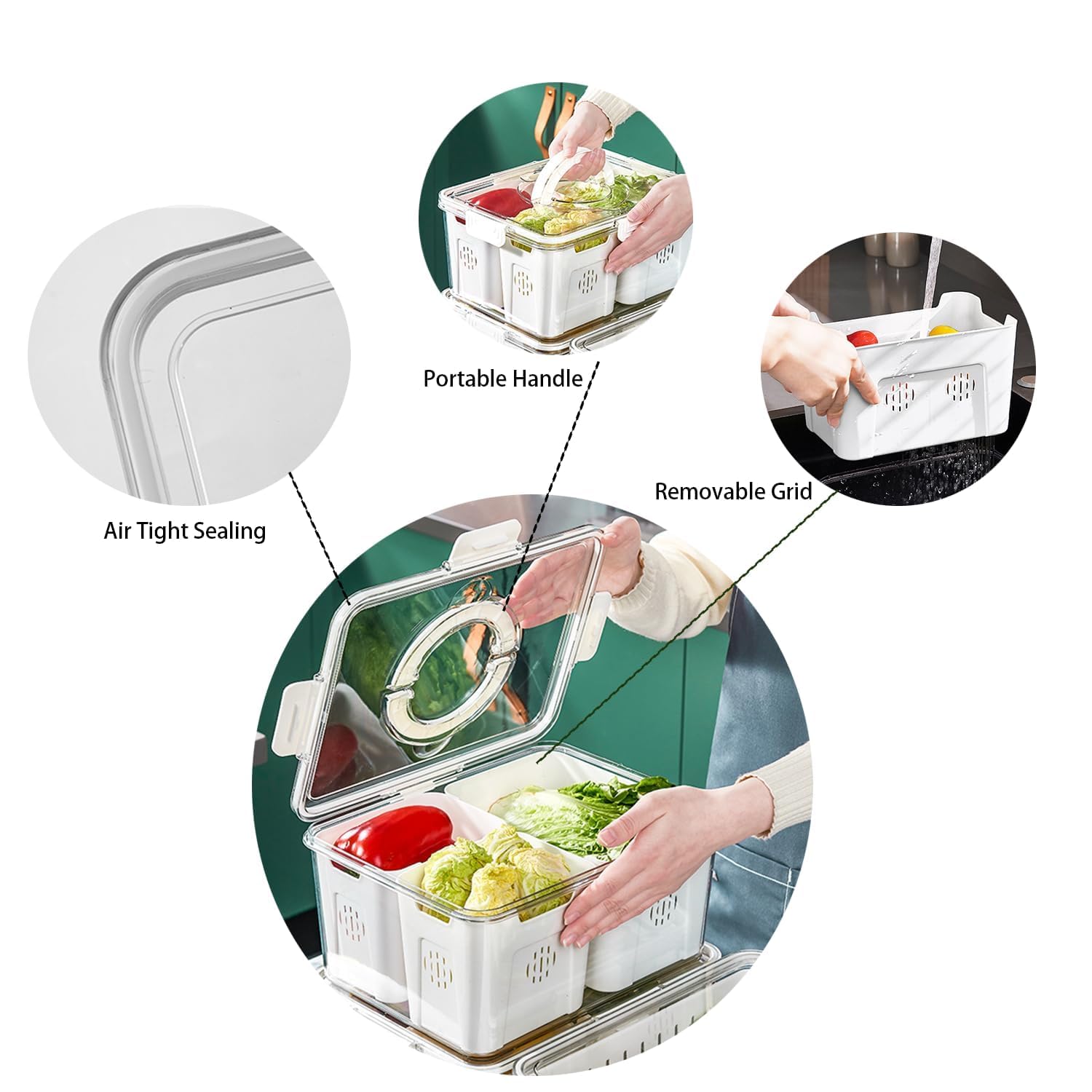 ZEENING Fruit Storage Containers for Fridge, 4 Compartments Refrigerator Organizer with Lid & Handle for Fruit Vegetable Fresh Produce Salad Bar & Berry, BPA-Free Food Storage Bins, Cream