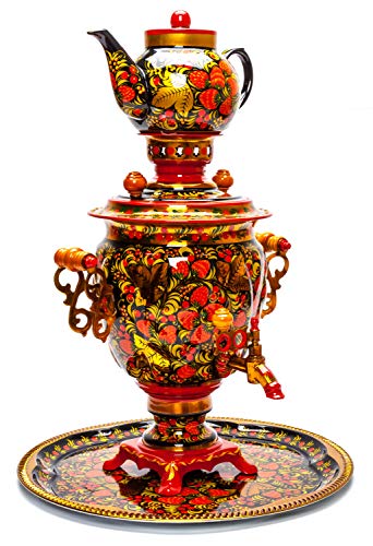 Red Khokhloma Electric Samovar Kettle with Teapot and Tray