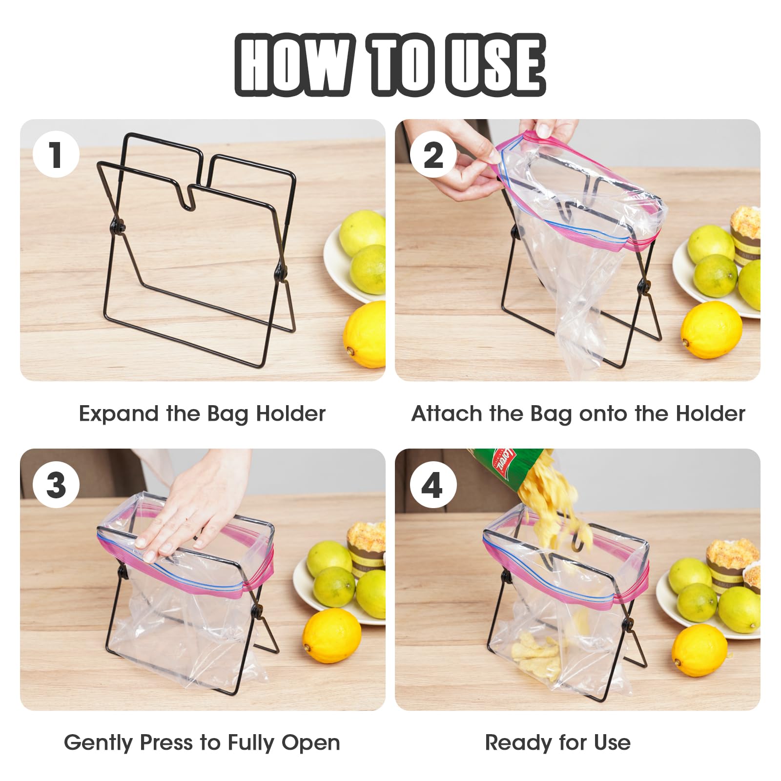 NiHome Versatile Metal Zip Lock Bag Holder with Artistic Iron Craftsmanship for Leakproof and Effortless One-Handed Packing, Sized for Kitchen and Household Use (7.1"D x 4.3"W x 6.7"H)