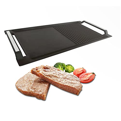 COVERCOOK Griddle Pan, Cast Iron Grill Hot Plate, Rectangular Grill, 2 handles with Flat and Ridged Surface for Induction Electric Cooktop,16.7 x 9.1inch