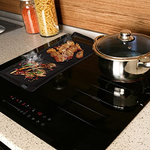 COVERCOOK Griddle Pan, Cast Iron Grill Hot Plate, Rectangular Grill, 2 handles with Flat and Ridged Surface for Induction Electric Cooktop,16.7 x 9.1inch