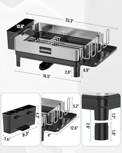 LIONONLY Dish Drying Rack, Thicker Premium 304 Stainless Steel Dish Racks for Kitchen Counter, Drainer & Drainboard Set with Adjustable Spout, Utensil Holder and Cup Holder, Black