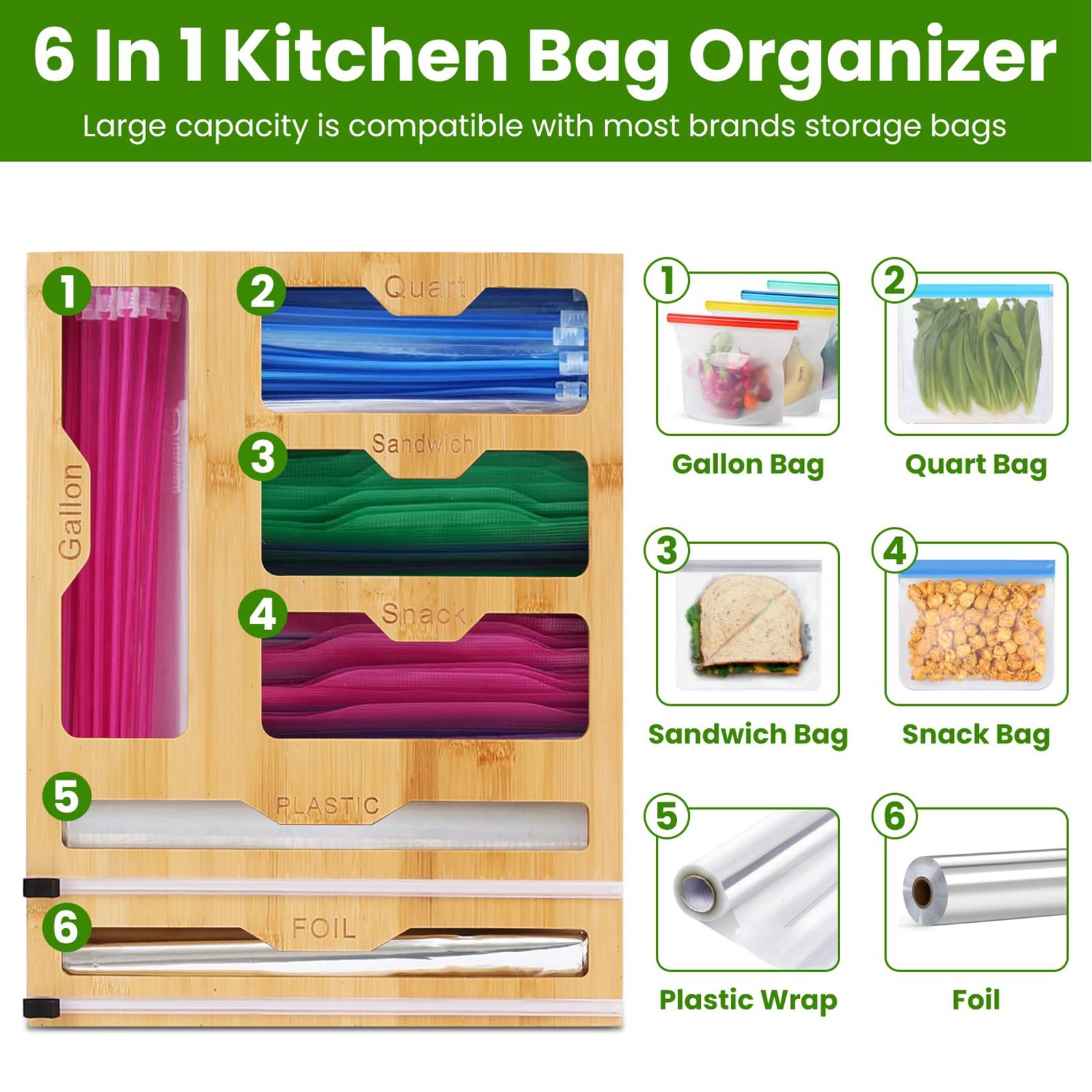 KOCASO 6 in 1 Foil and Plastic Ziplock Bag Organizer for Kitchen Drawer,Kitchen Countertop Organizer and Drawer Organizer for Gallon Quart Sandwich Snack