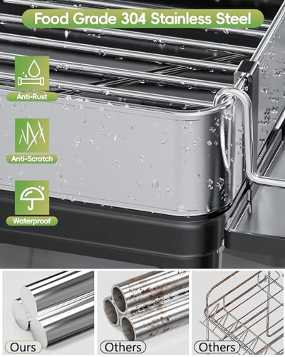 LIONONLY Dish Drying Rack, Thicker Premium 304 Stainless Steel Dish Racks for Kitchen Counter, Drainer & Drainboard Set with Adjustable Spout, Utensil Holder and Cup Holder, Black