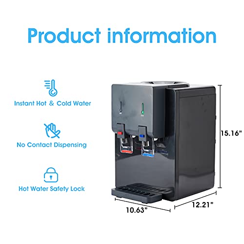 ACCVI Premium Countertop Water Cooler Dispenser, Holds 3 or 5 Gallon Jug, Top Loading, Hot and Cold Water, Child Safety Lock, Compact Design Ideal For Homes, Kitchens, Offices, Dorms, Black