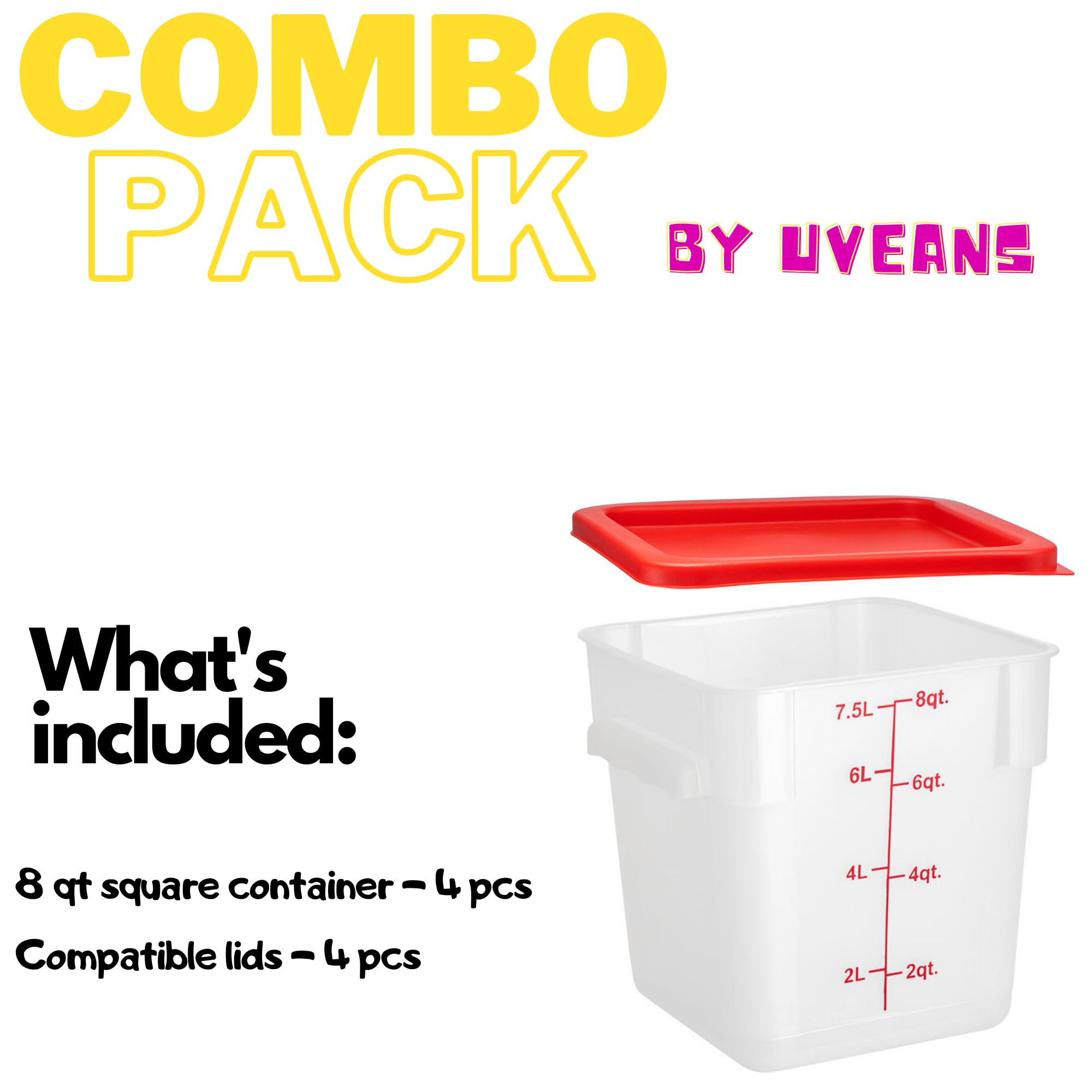 uVeans COMBO PACK Square Sous Vide Containers With Lids - 8 Quart Restaurant Supplies Food Containers - 4 Containers and 4 Lids Food Service