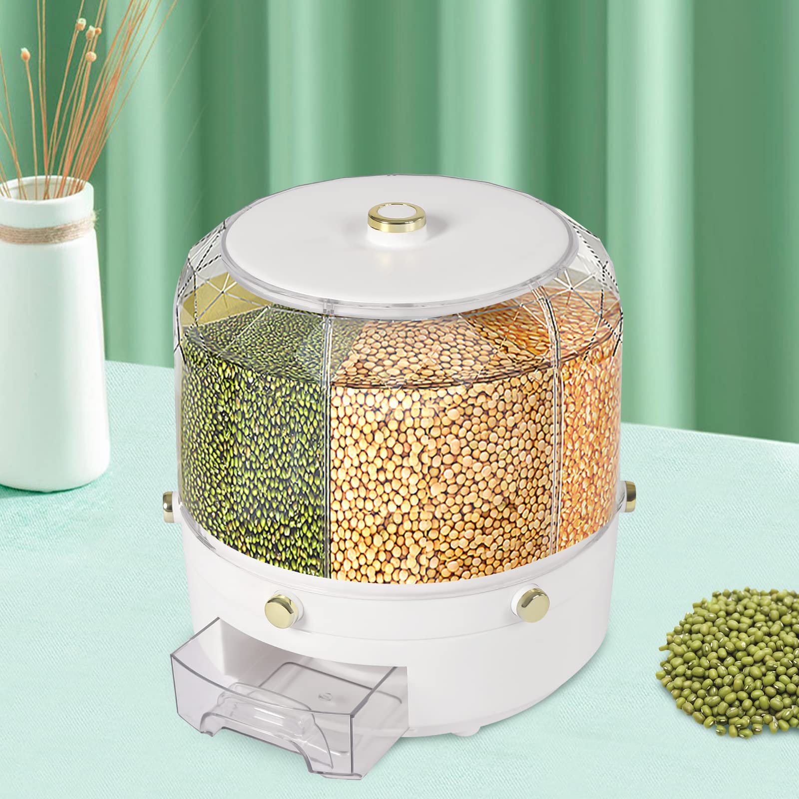CHALIGHT 6 Grids Rice & Grain Storage Container Rice Dispenser 360° Rotating Food Dispenser Grain Dispenser One-Button Pressing Storage Bucket for Grains Snacks Candy Coffee Beans Dog