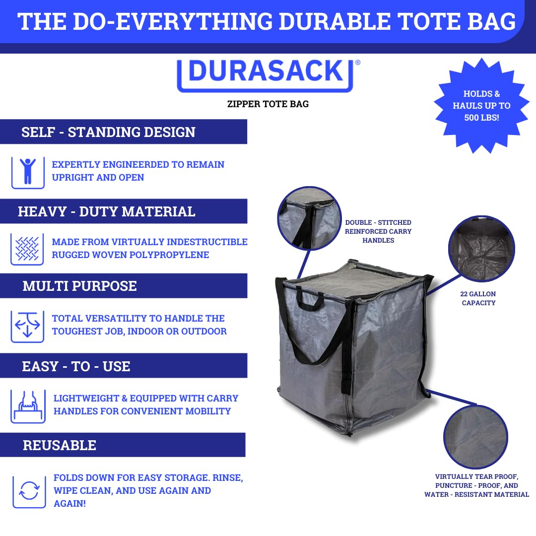 DURASACK Heavy Duty Storage Tote Bag with Zipper Top 22-Gallon Rugged Woven Polypropylene Moving Bag, Reusable Self-Standing Design, Holds up to 500 Pounds, Single, Gray