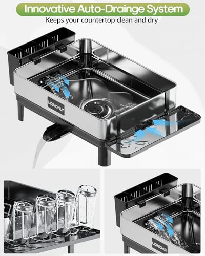 LIONONLY Dish Drying Rack, Thicker Premium 304 Stainless Steel Dish Racks for Kitchen Counter, Drainer & Drainboard Set with Adjustable Spout, Utensil Holder and Cup Holder, Black