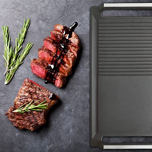 COVERCOOK Griddle Pan, Cast Iron Grill Hot Plate, Rectangular Grill, 2 handles with Flat and Ridged Surface for Induction Electric Cooktop,16.7 x 9.1inch