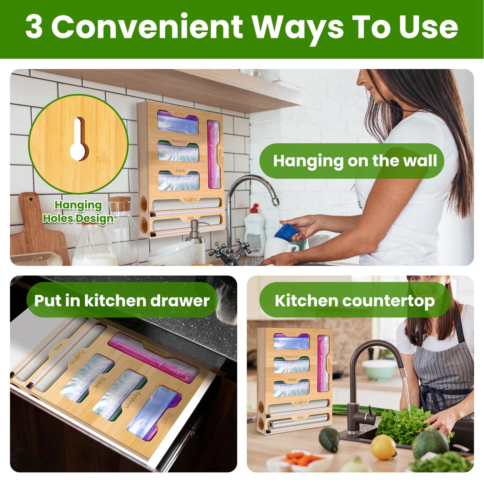 KOCASO 6 in 1 Foil and Plastic Ziplock Bag Organizer for Kitchen Drawer,Kitchen Countertop Organizer and Drawer Organizer for Gallon Quart Sandwich Snack
