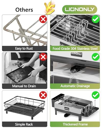 LIONONLY Dish Drying Rack, Thicker Premium 304 Stainless Steel Dish Racks for Kitchen Counter, Drainer & Drainboard Set with Adjustable Spout, Utensil Holder and Cup Holder, Black