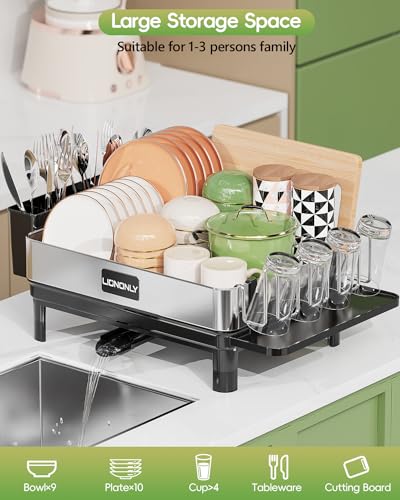 LIONONLY Dish Drying Rack, Thicker Premium 304 Stainless Steel Dish Racks for Kitchen Counter, Drainer & Drainboard Set with Adjustable Spout, Utensil Holder and Cup Holder, Black