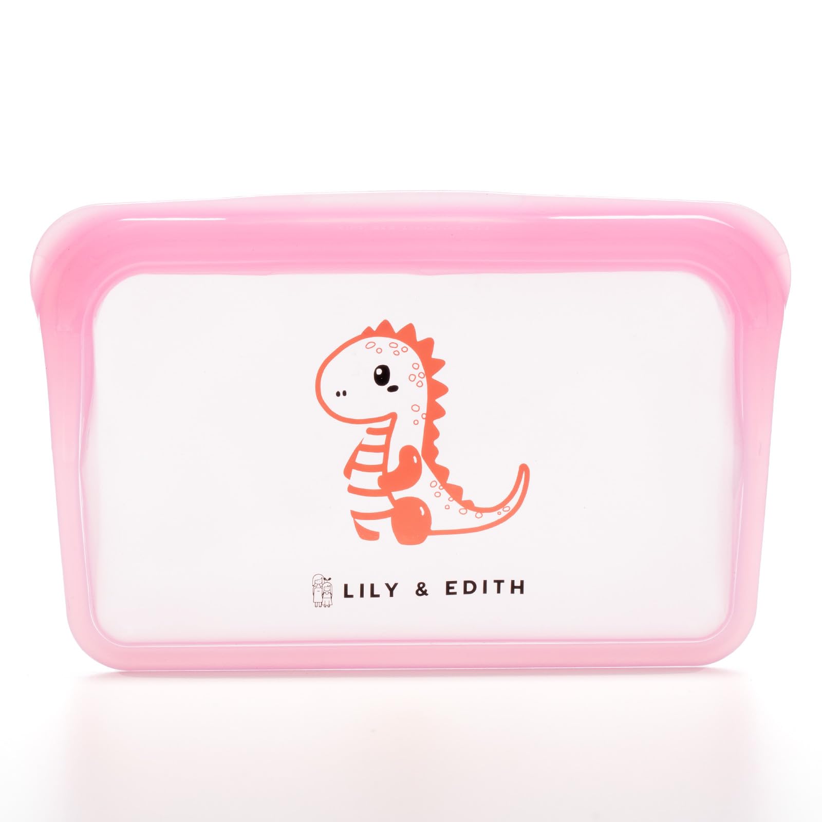 LILY & EDITH Dinosaur Silicone Reusable Snack Bags Dishwasher Microwave Freezer Safe, BPA Free, Leakproof Reusable Food Storage Bags, Plastic Free Snack Pouch, Accessory bag, Portable 400ml (Pink)