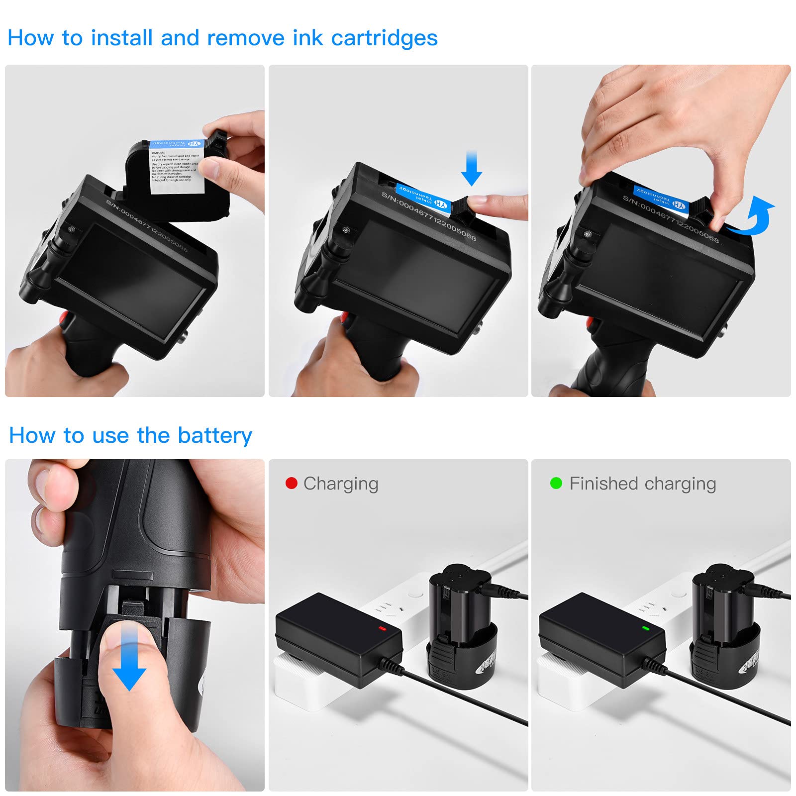 Handheld Inkjet Printer Quick-Drying Smart Portable Inkjet Printer with 4.3 Inch LED Touch Screen High Definition Label Printer for DateTrademark Logo Coder Label Print