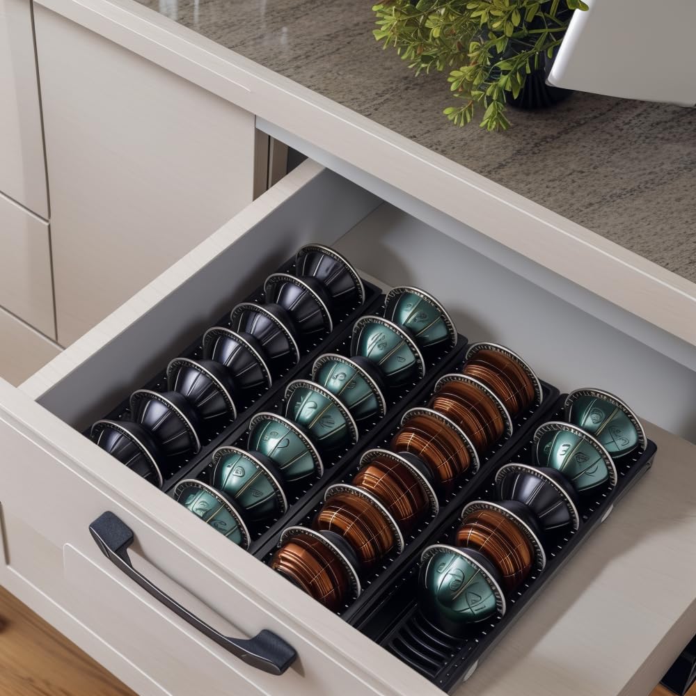 MAULEHUA Coffee Pod Drawer Organizer for Nespresso Vertuo Capsule,Coffee Capsule Storage Tray,Magnetic Connect Black-4Pack