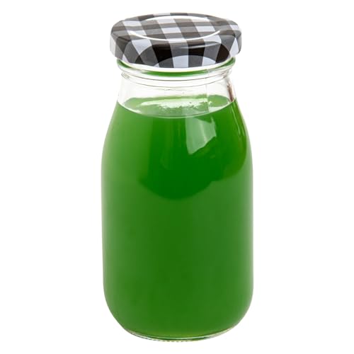 French Countryside 6 Ounce Glass Bottles, 10 Durable Juice Bottles - With Black Plaid Lid, Dishwashable, Clear Glass Countryside Bottles, For Hot And Cold Beverages - Restaurantware
