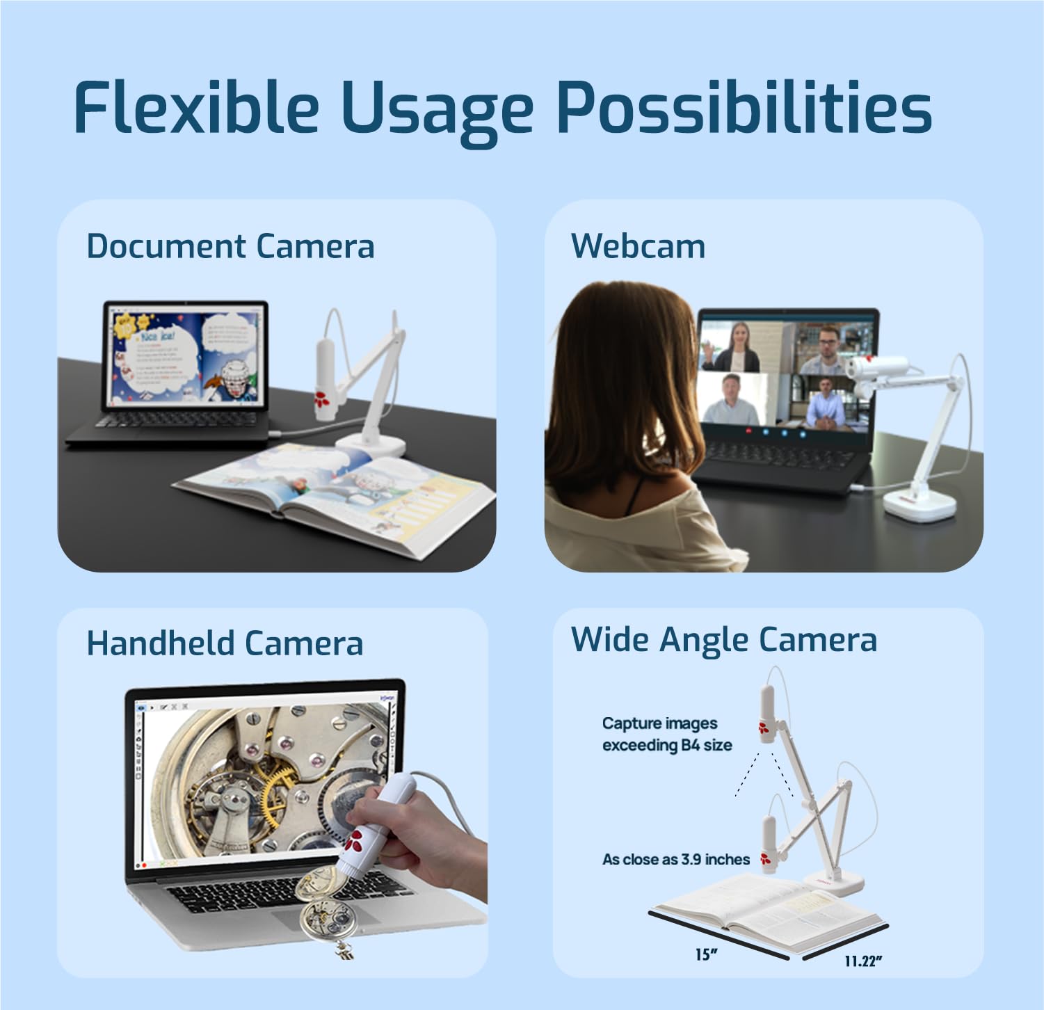 INSWAN INS-3 Detachable USB Document Camera for Teachers, built-in Mic, Light, Dual-Mode Autofocus, Windows, MacOS,Chromebook Compatible for Remote Teaching, Distance Learning, Webcam Web Conferencing