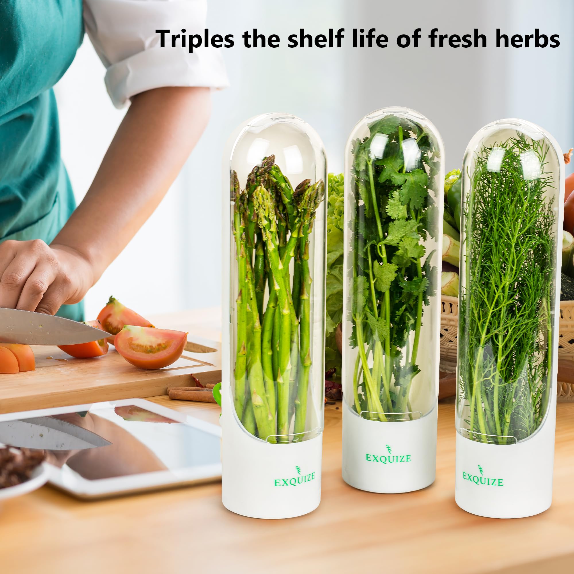 EXQUIZE Fresh Herb Keeper - Refrigerator Organizers - 3 Pack White BPA Free Round Containers - Includes Green Herb Tool - 2.5 Inches