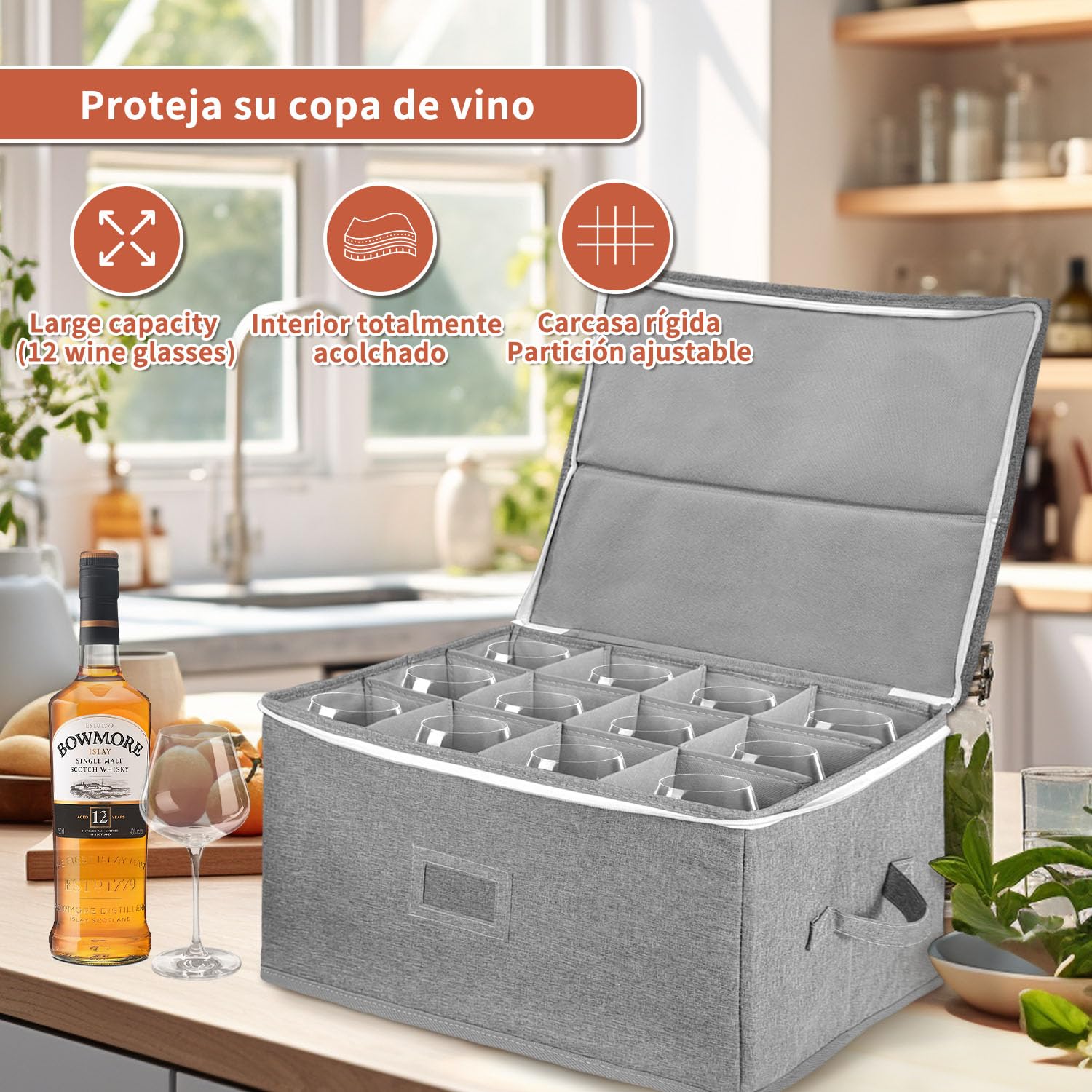 BOHEMIABY Wine Glass Storage Box with Dividers, Glassware Storage Containers-Holds 12 Red or White Wine glasses, Champagne Flutes, Crystal, Hard Shell and Stackable, Label Window