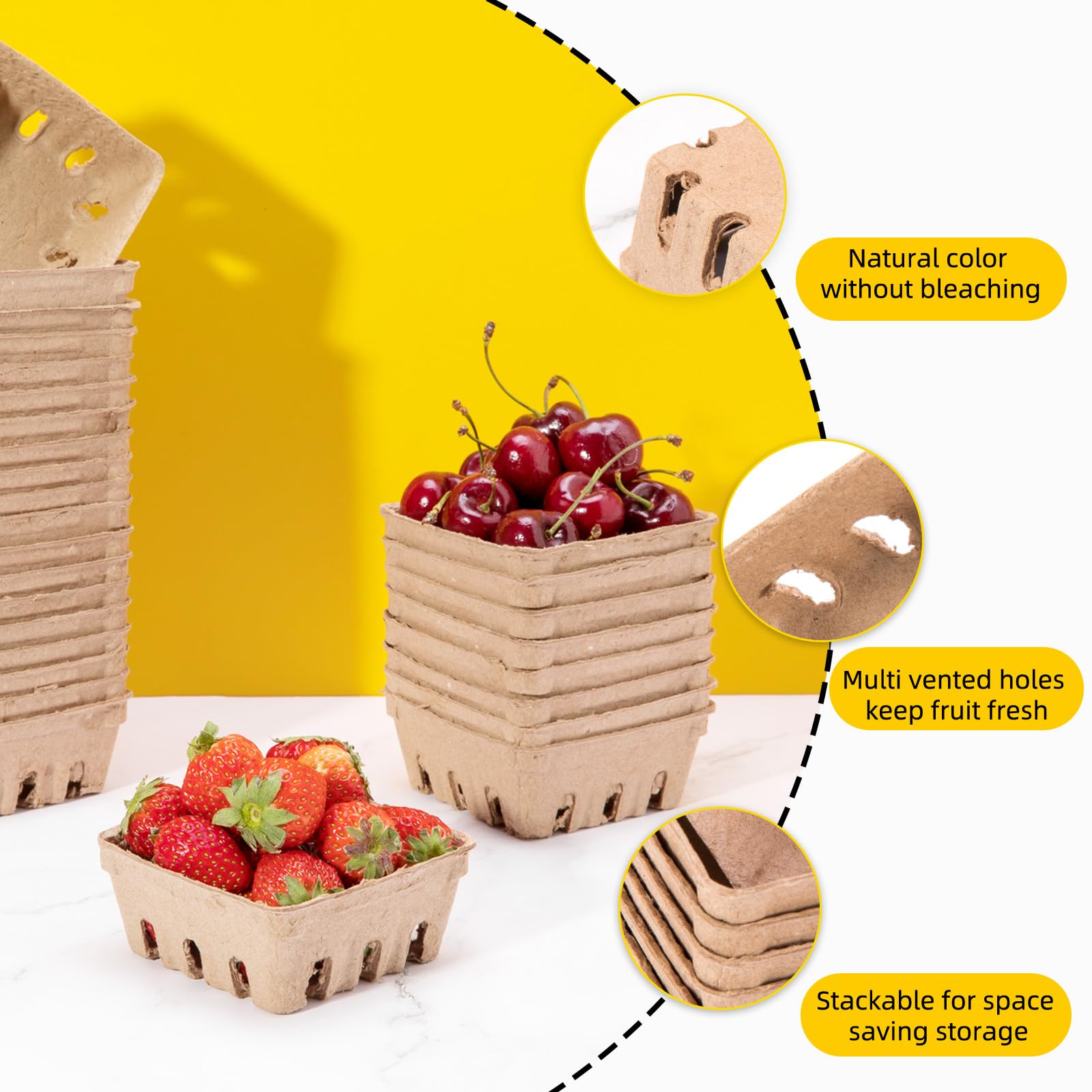PARBEE 60 Pack Pulp Fiber Berry Basket, Molded Containers Vented for Strawberry Blueberry Raspberry Grape Cherry, Small Farmer Market Produce Basket Containers