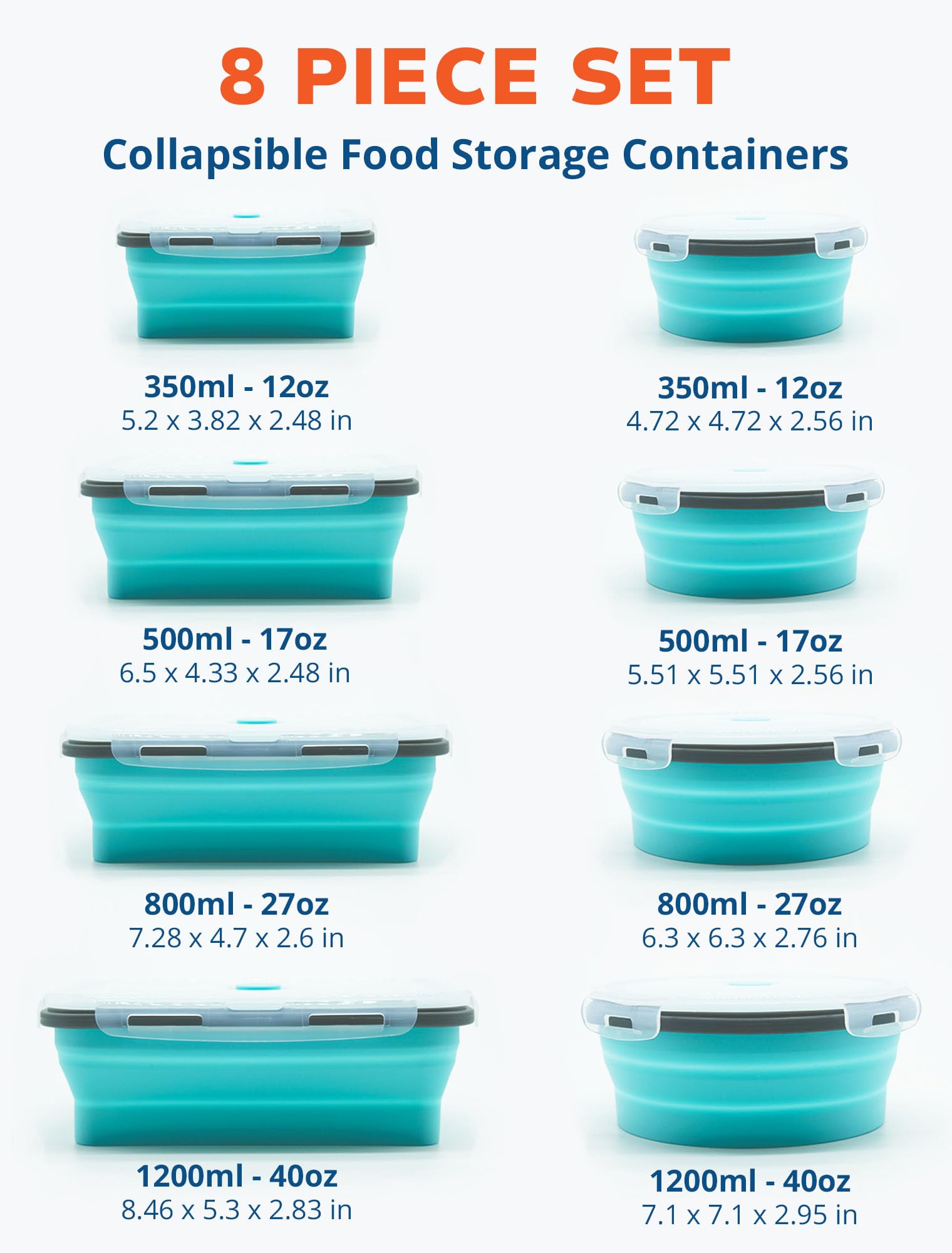 Lunememo 8 Pack Collapsible Silicone Food Storage Containers with Lids, Freezer & Dishwasher Safe, Foldable Lunch Box for Camper, Leftovers, Snacks, Meals