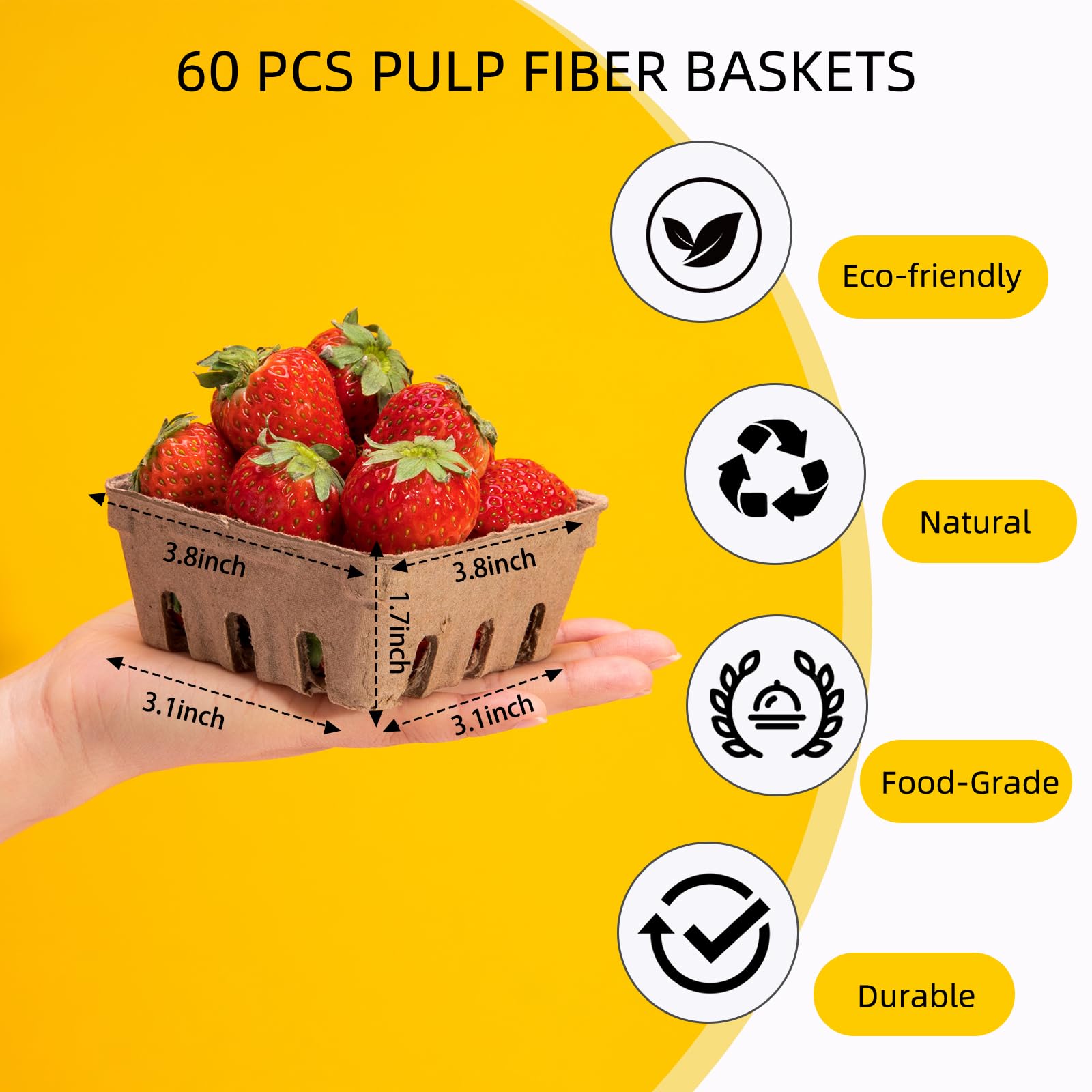 PARBEE 60 Pack Pulp Fiber Berry Basket, Molded Containers Vented for Strawberry Blueberry Raspberry Grape Cherry, Small Farmer Market Produce Basket Containers