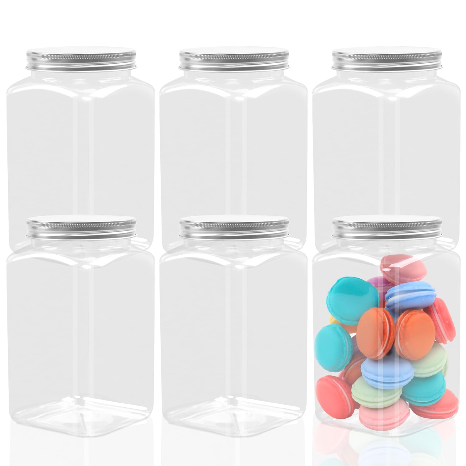Lainrrew Plastic Storage Jars,6 Pack 47.5 OZ Large Capacity Containers Food Storage Containers Square Plastic Jars with Lids for Kitchen, Crafts, Stackable Food-Safe Storage, BPA-Free