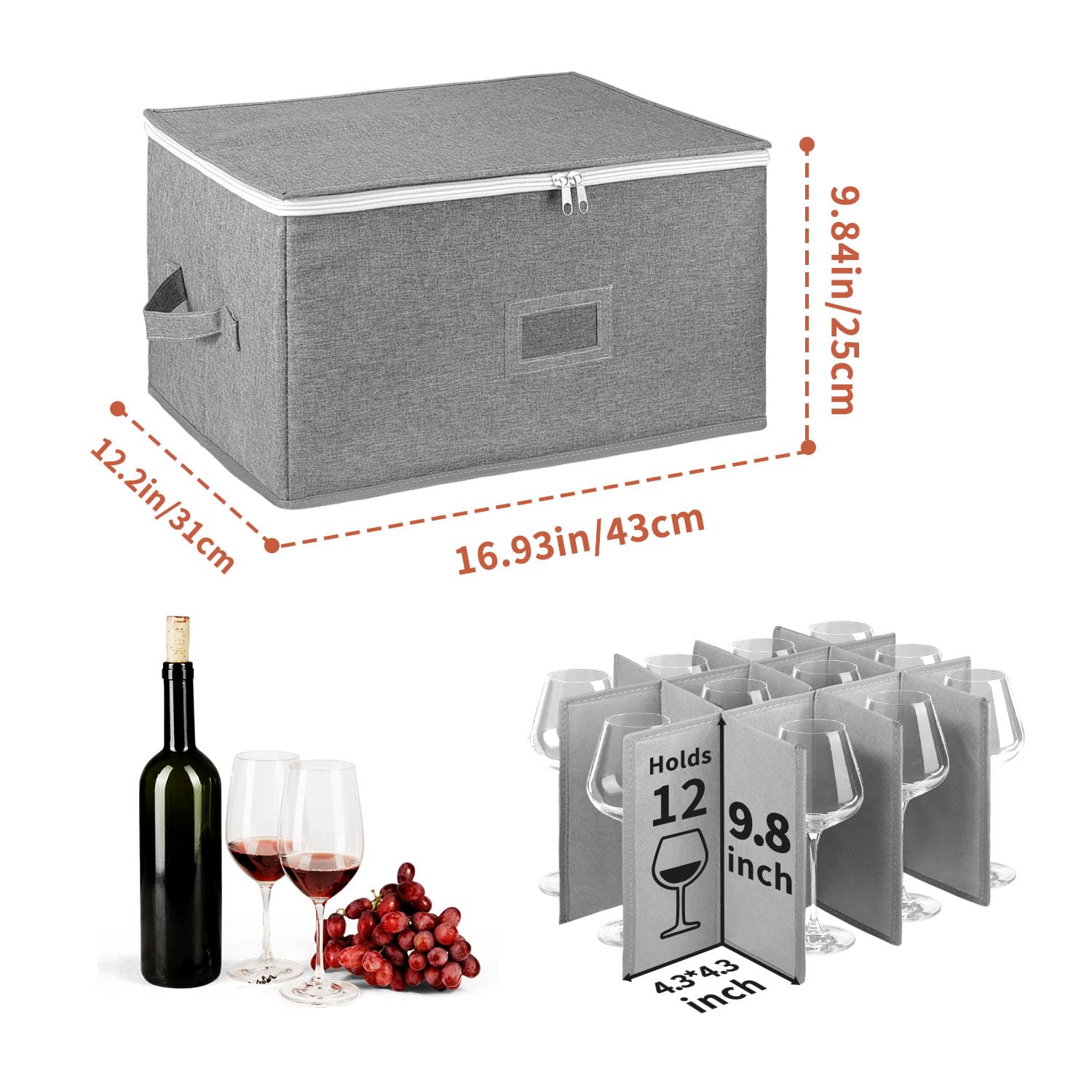 BOHEMIABY Wine Glass Storage Box with Dividers, Glassware Storage Containers-Holds 12 Red or White Wine glasses, Champagne Flutes, Crystal, Hard Shell and Stackable, Label Window